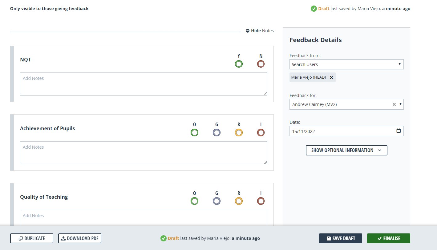 Creating and Editing Development Feedback Records – Perspective