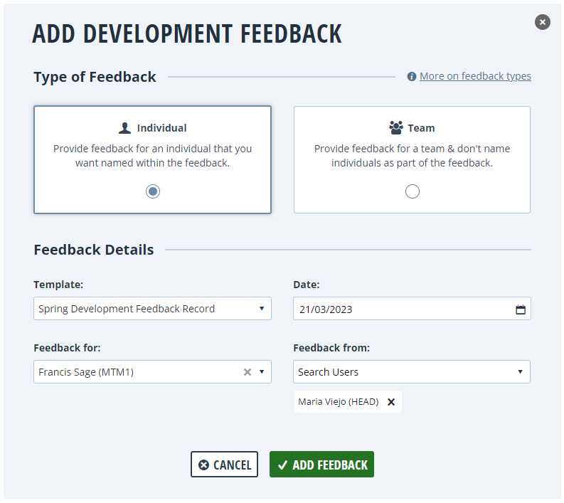 Creating and Editing Development Feedback Records – Perspective